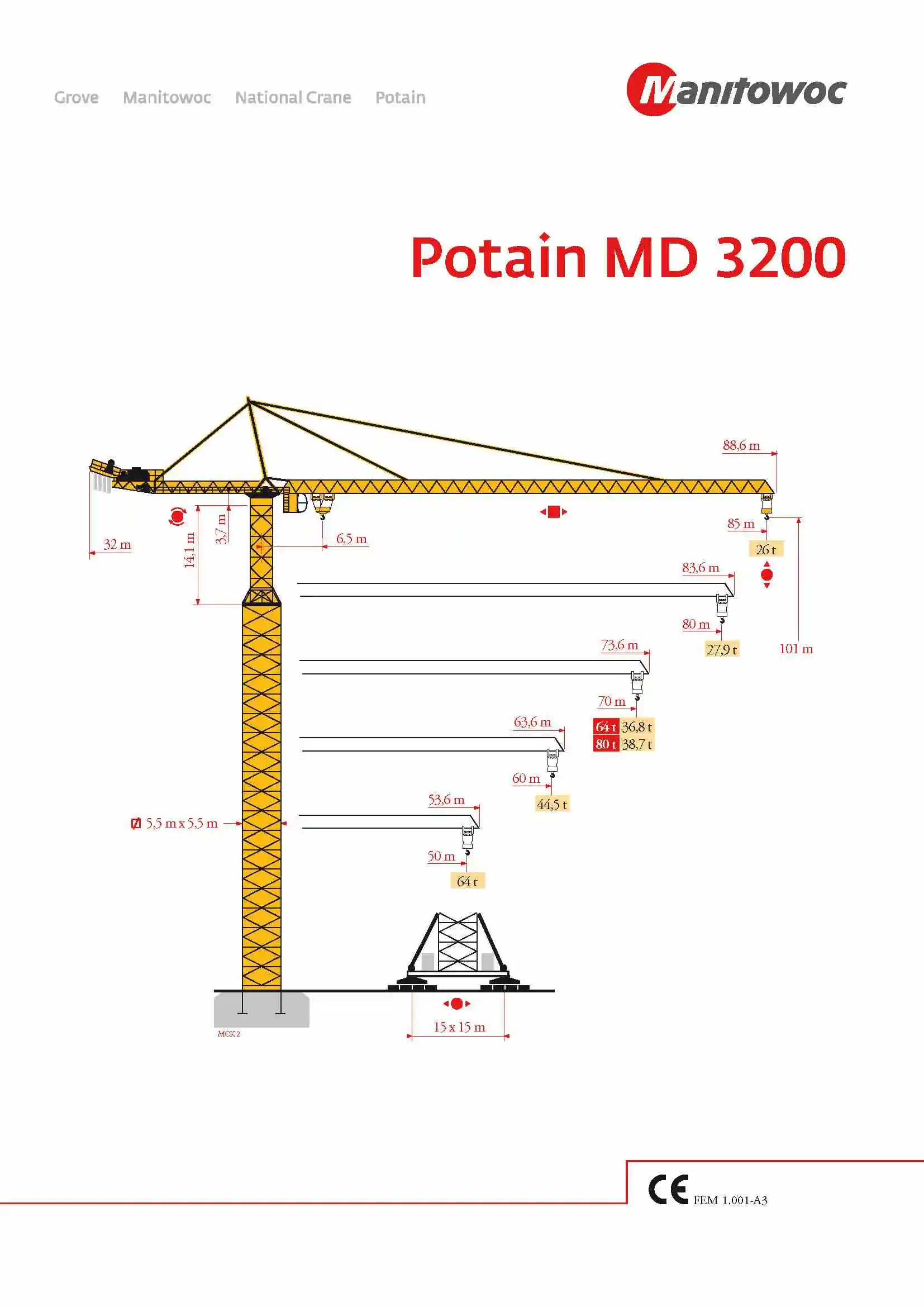 تاور کرین پتن POTAIN MD 3200 - ظرفیت 64 تن و طول فلش 80 متر